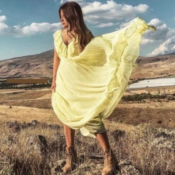 Zara | Dresses | Nwt Zara Pale Yellow Pleated Maxi Ruffle Dress Size ...